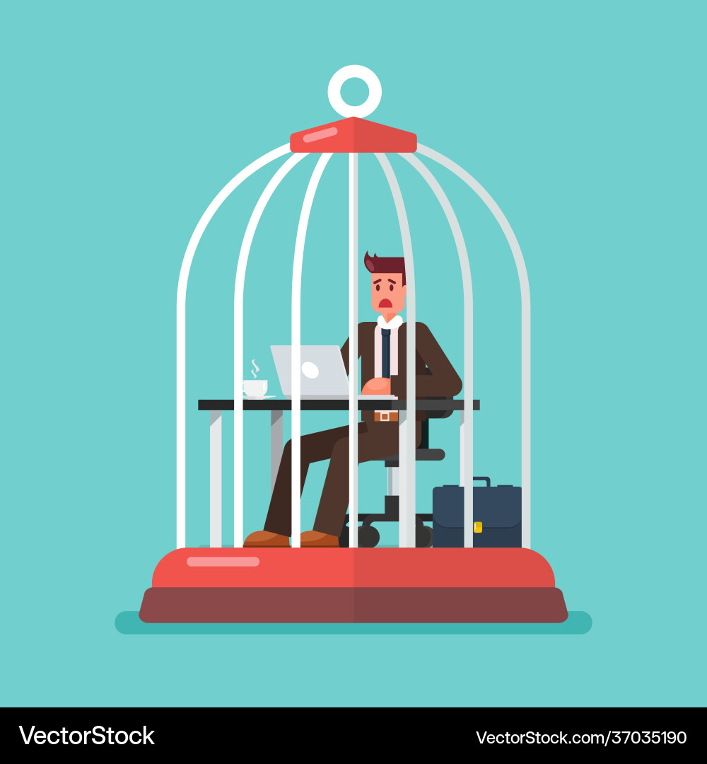 Business man working at desk trapped inside Vector Image