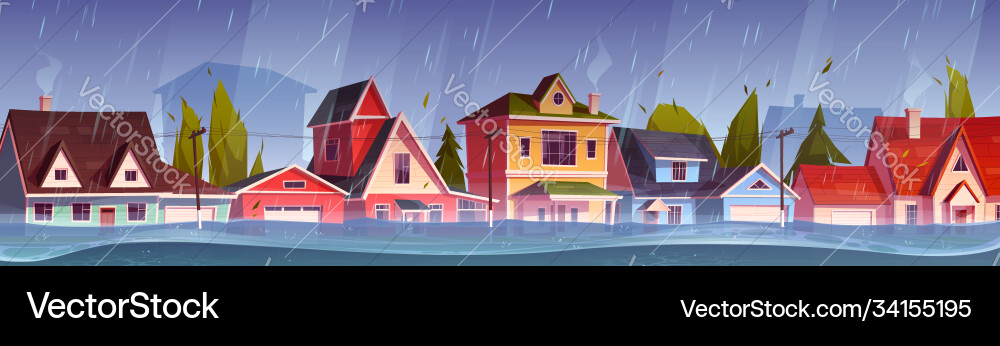 Flood in town river water stream flow at street Vector Image