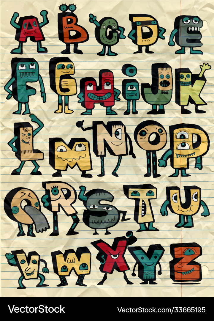 Hand drawn funny monster alphabet isolated Vector Image