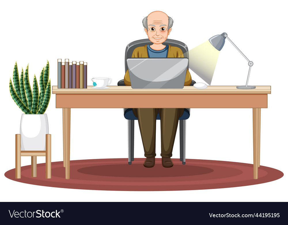 Old man using laptop on the desk Royalty Free Vector Image