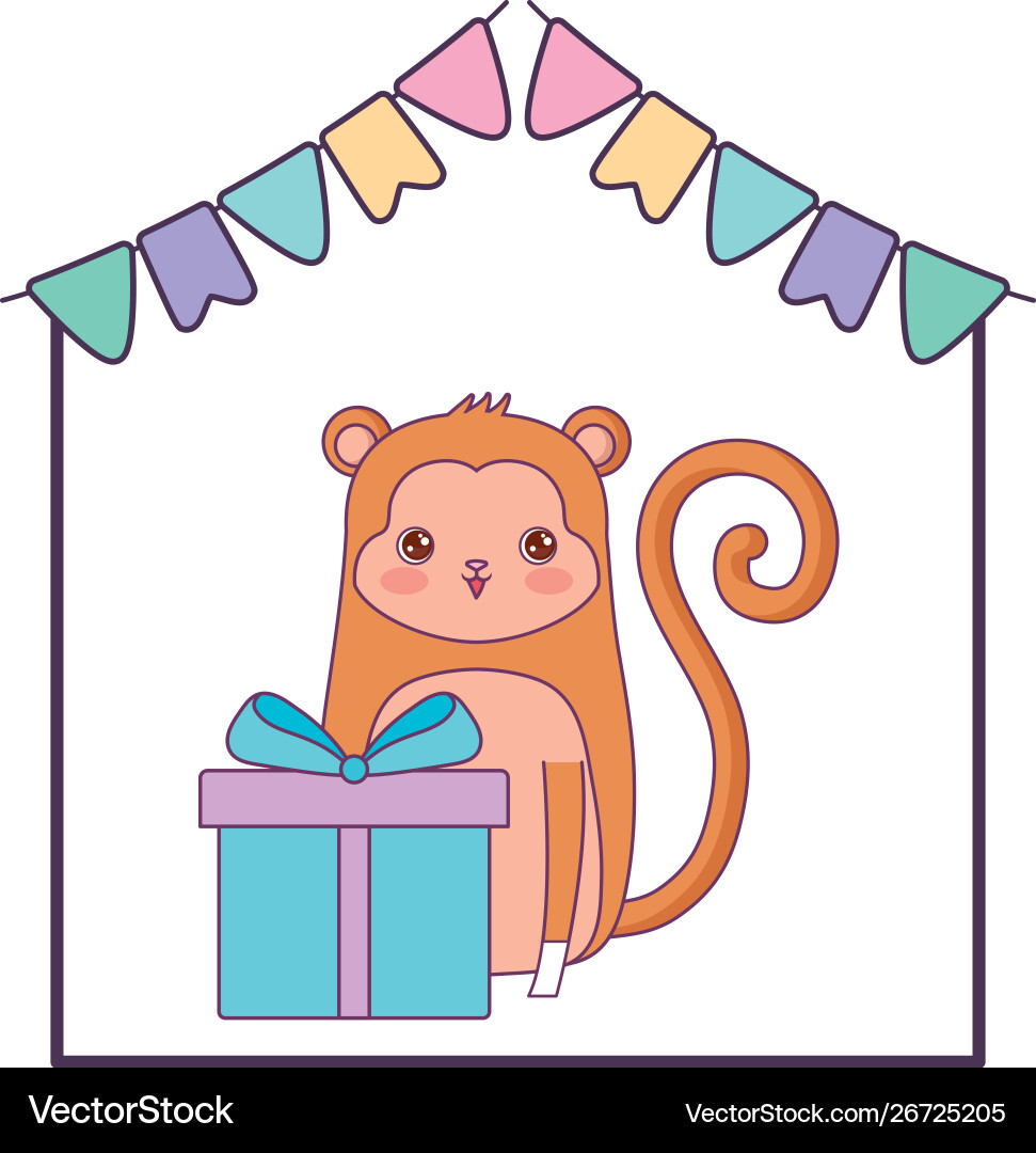 Cute monkey animal with gift box and garlands Vector Image