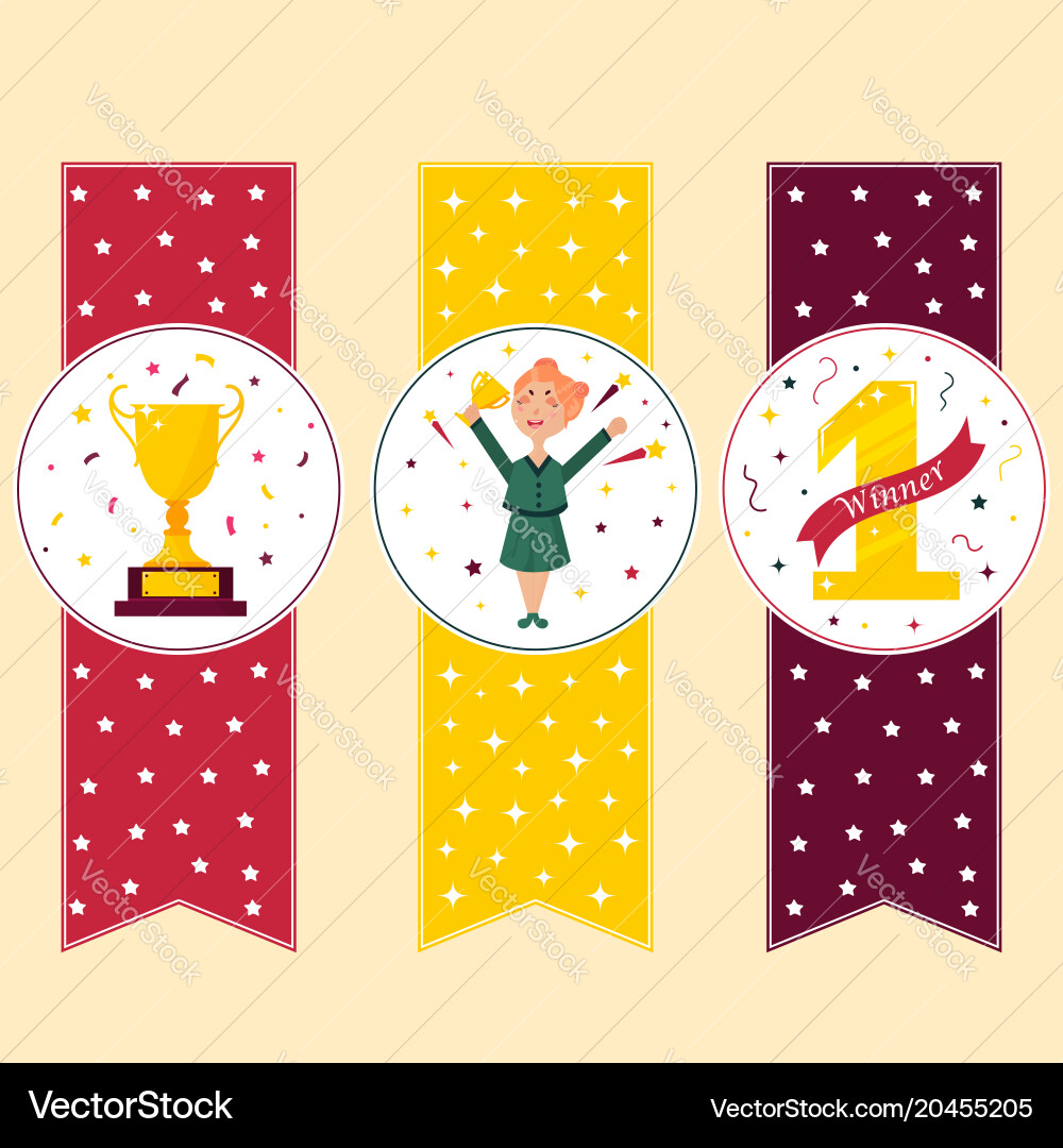 Set winners banners girl with trophy Royalty Free Vector