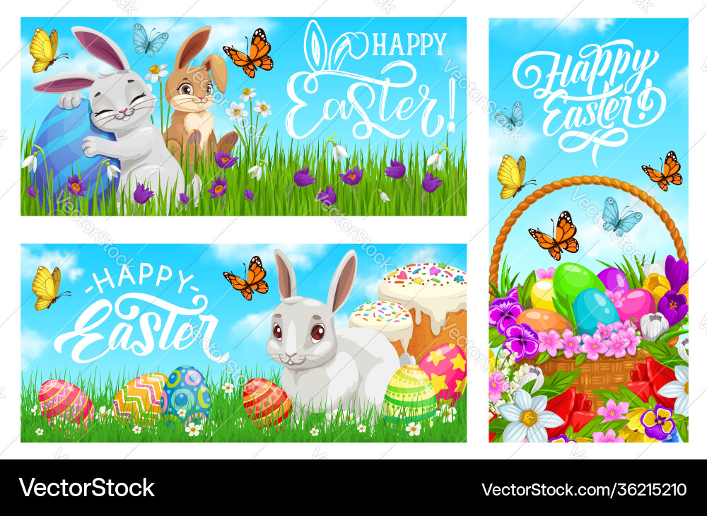 Happy easter banners with cartoon bunnies Vector Image