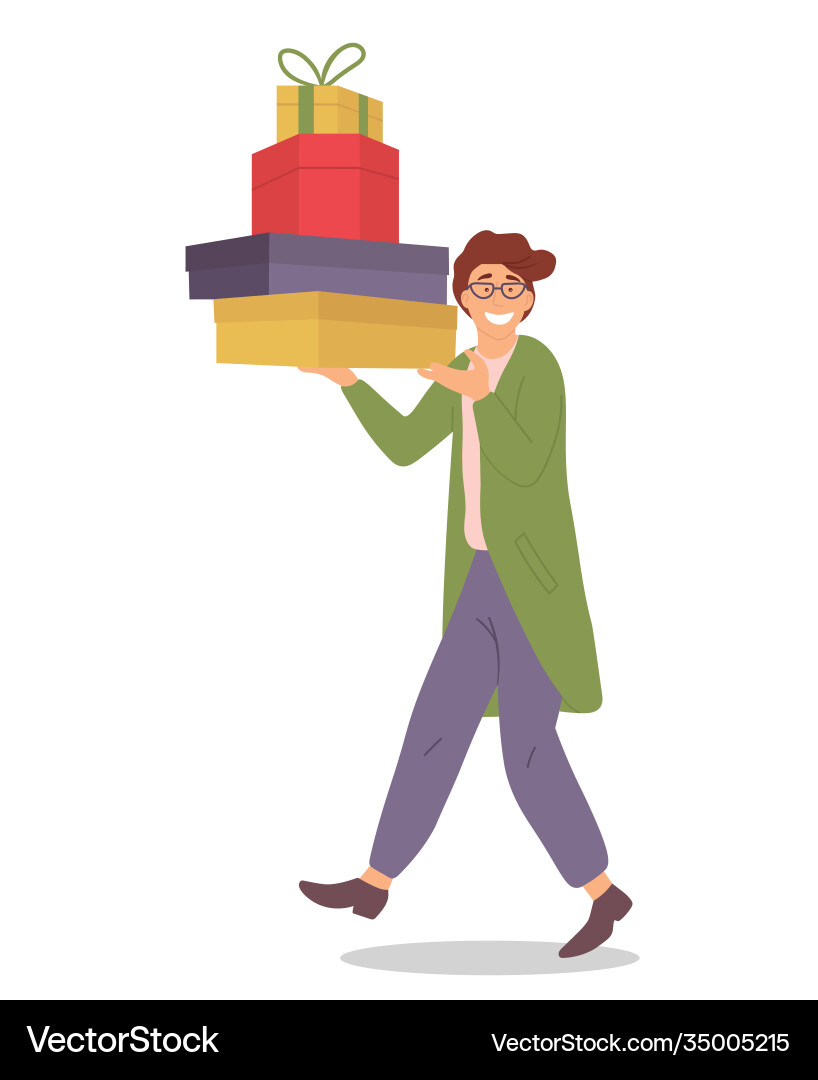 Smiling man with gift boxes in his hands young Vector Image