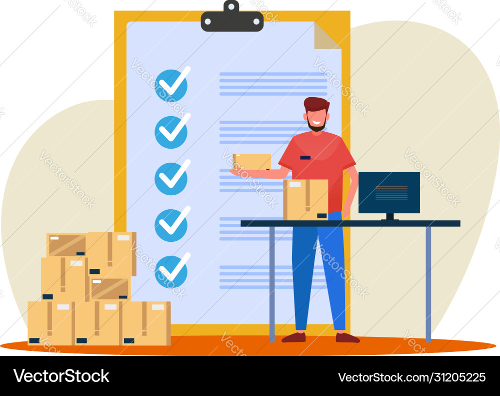 Male warehouse workers check stock goods Vector Image