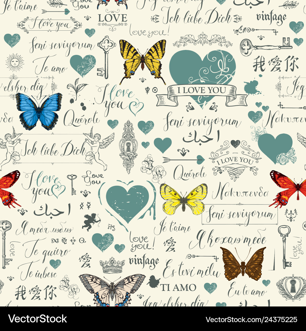 Seamless pattern with love lettering and hearts Vector Image