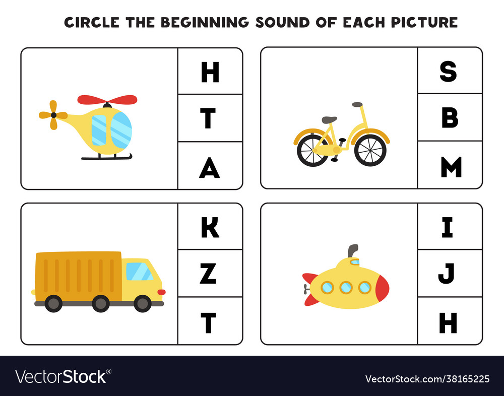 Worksheet for kids find beginning sound Royalty Free Vector