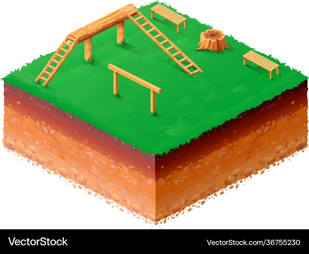 Dog walking area with log obstacle and benches Vector Image