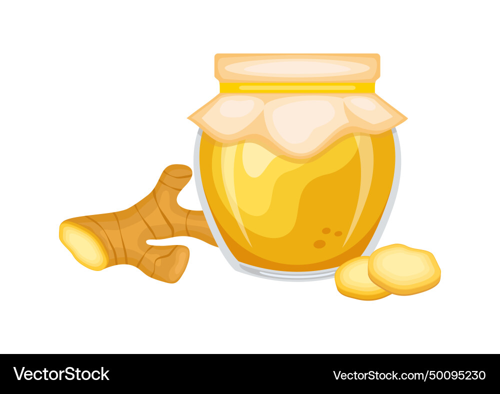 Ginger jam in glass jar and fresh root icon Vector Image