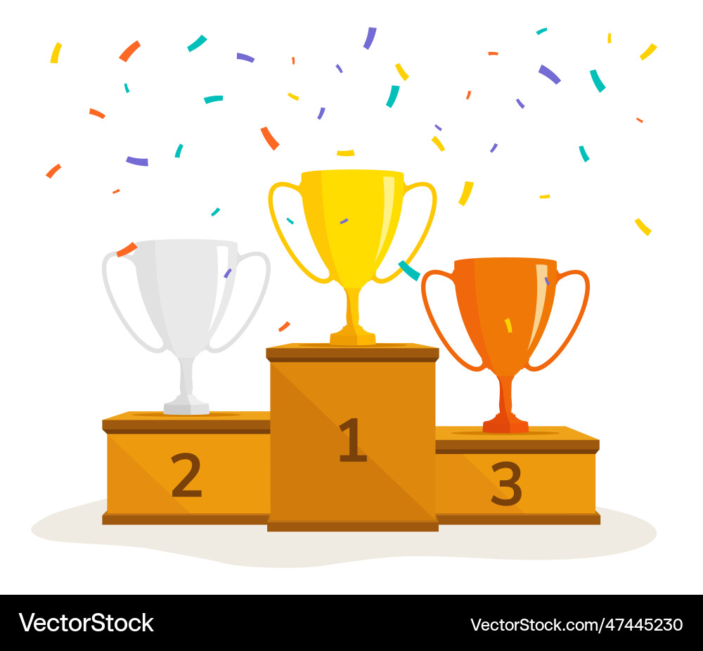 Winners podium with trophy cups and confetti Vector Image