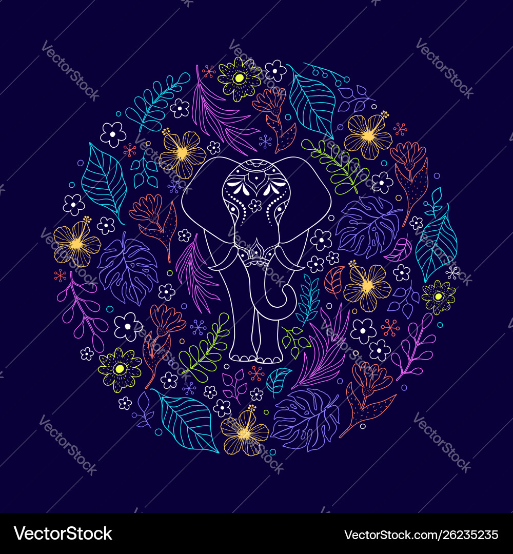 Elephant and tropical flowers Royalty Free Vector Image