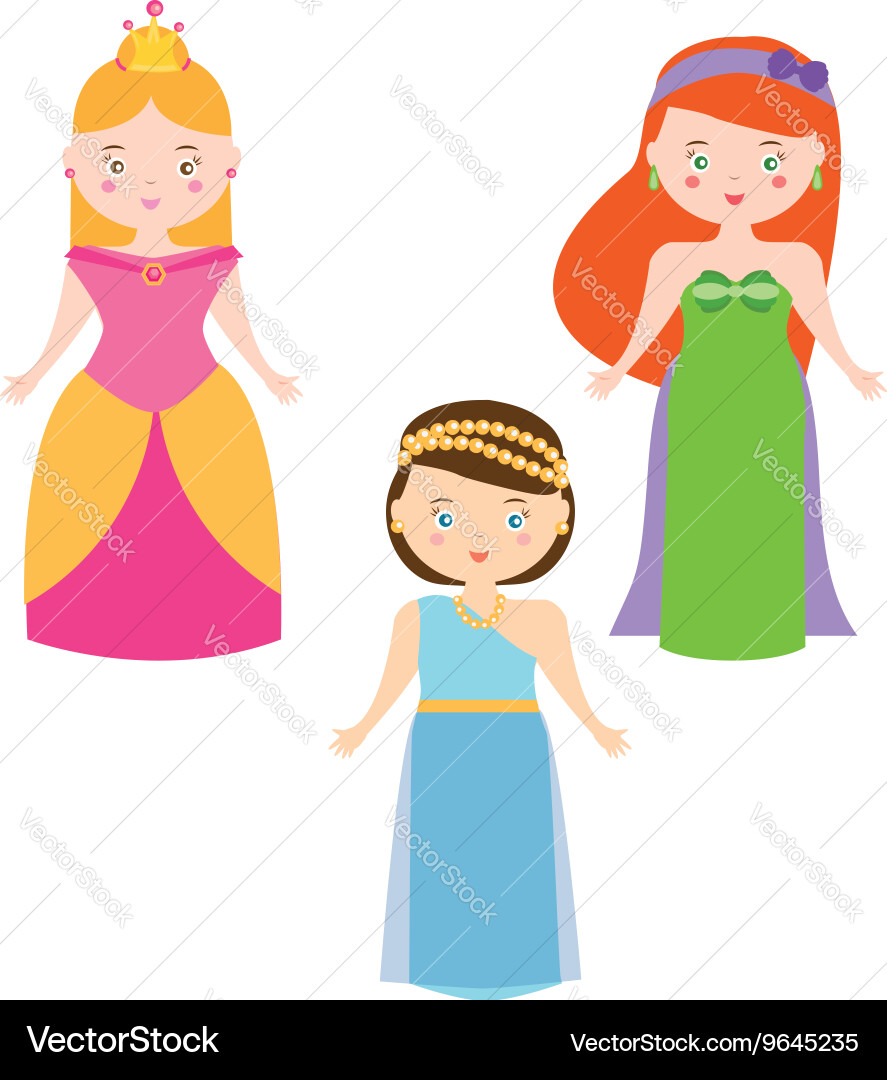 Three Princesses in Cartoon Style Queen Royalty Free Vector