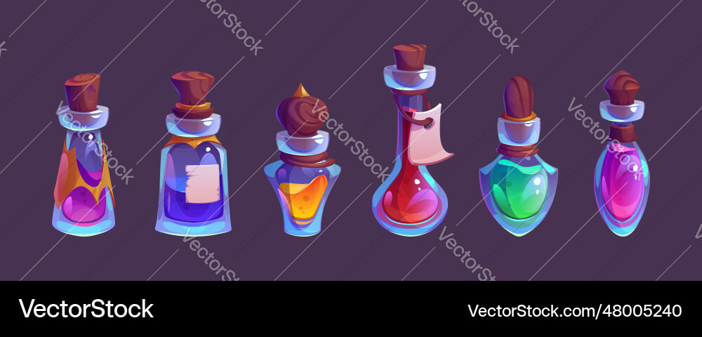 Cartoon set of elixir bottles on black background Vector Image