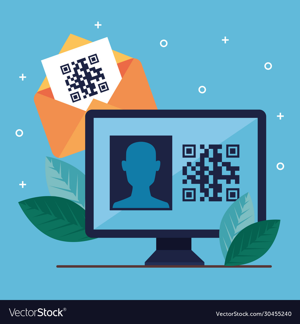 Qr code inside computer envelope and leaves Vector Image