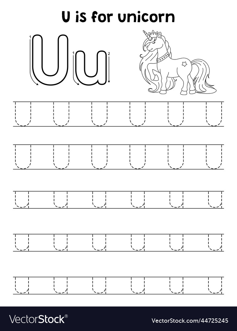 Unicorn animal tracing letter abc coloring page u Vector Image