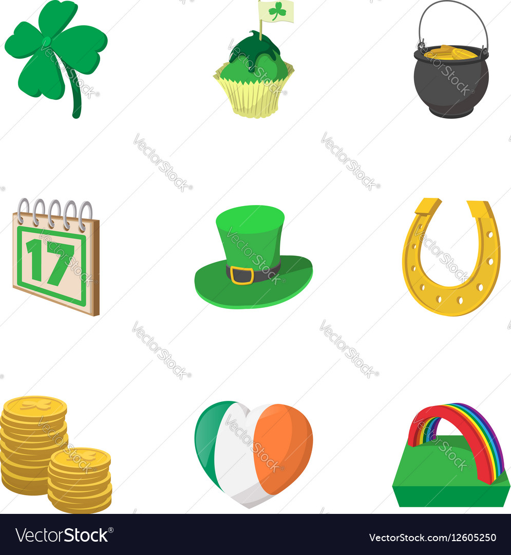 Holiday Saint Patrick Day Icons Set Cartoon Style Vector Image
