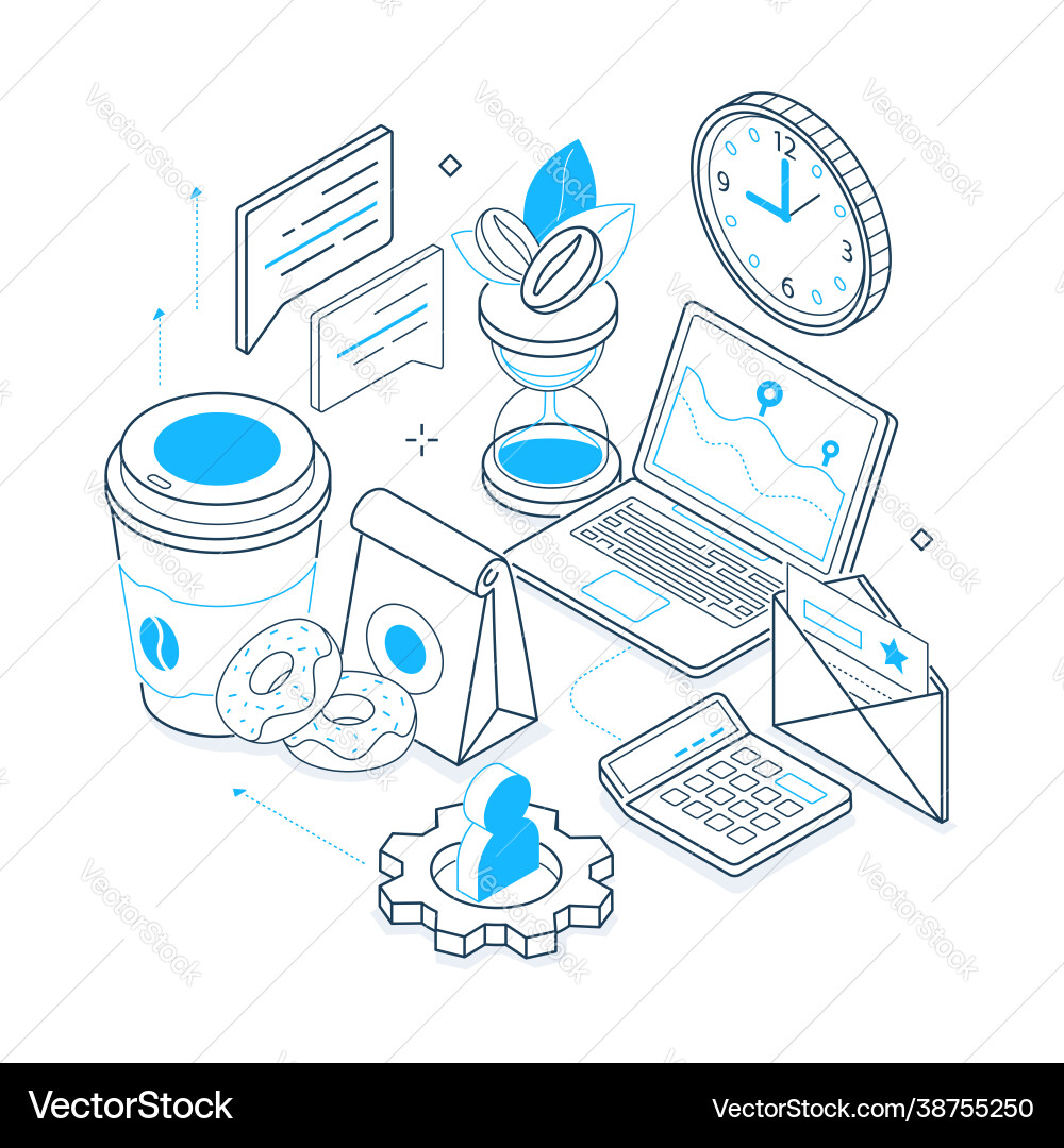 Lunch break - black and blue isometric line Vector Image