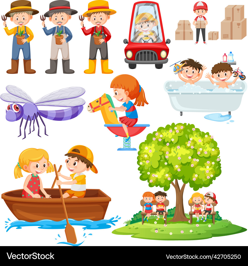 Set of different cute kids and objects Royalty Free Vector