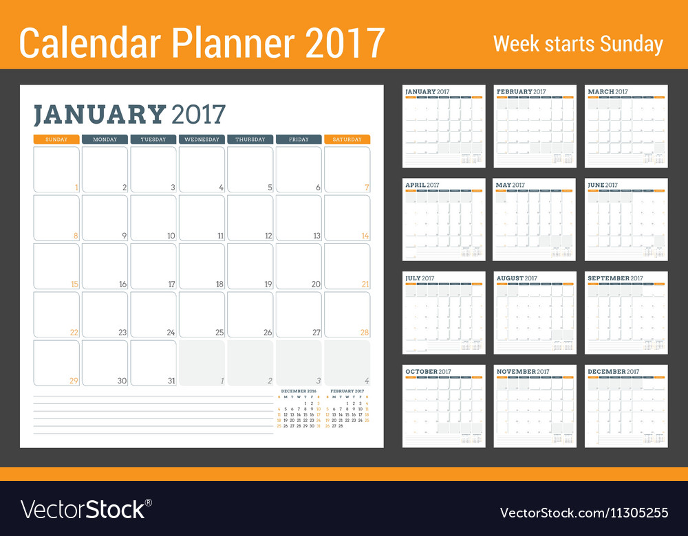 Calendar planner template for 2017 year week Vector Image