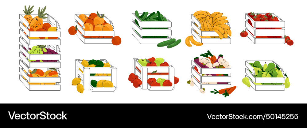 Fruit and vegetables in wooden boxes set Vector Image