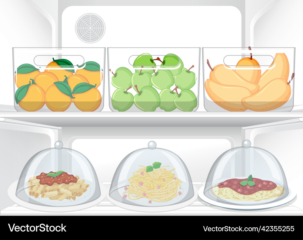Inside of refrigerator with foods Royalty Free Vector Image