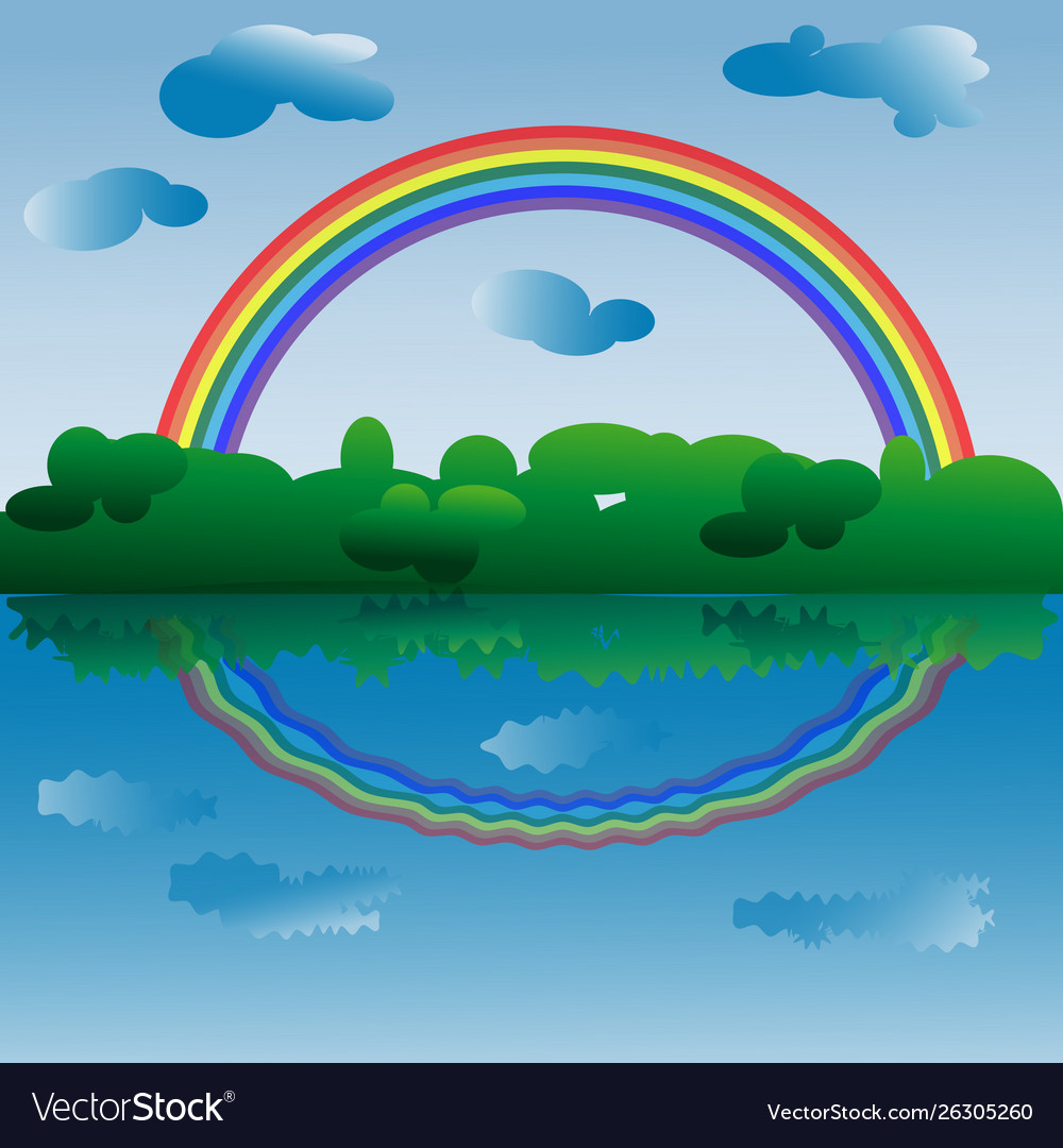 A bright rainbow seven colors above forest Vector Image