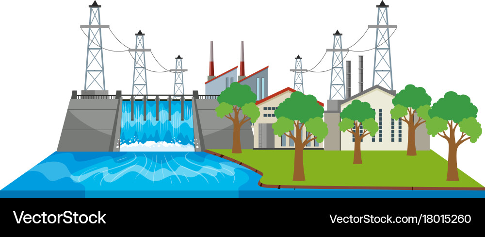 Dam and electricity buildings river Royalty Free Vector