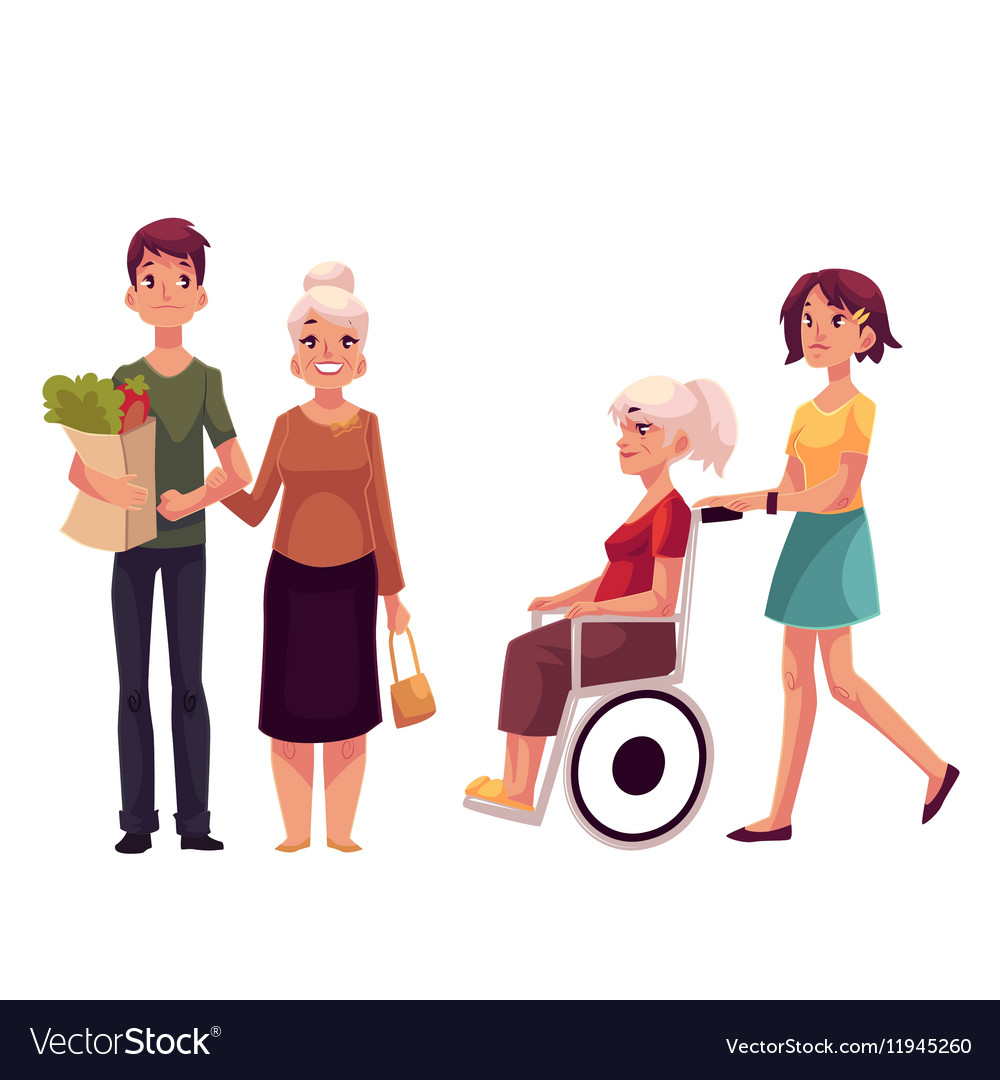 Helping Grandmother With Shopping And Strolling Vector Image