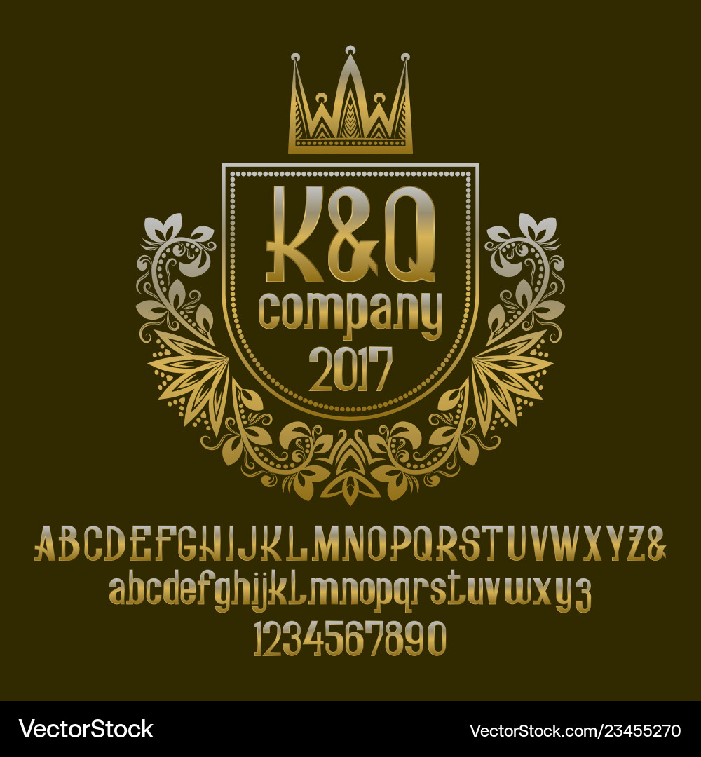 Golden letters and numbers with initial emblem Vector Image
