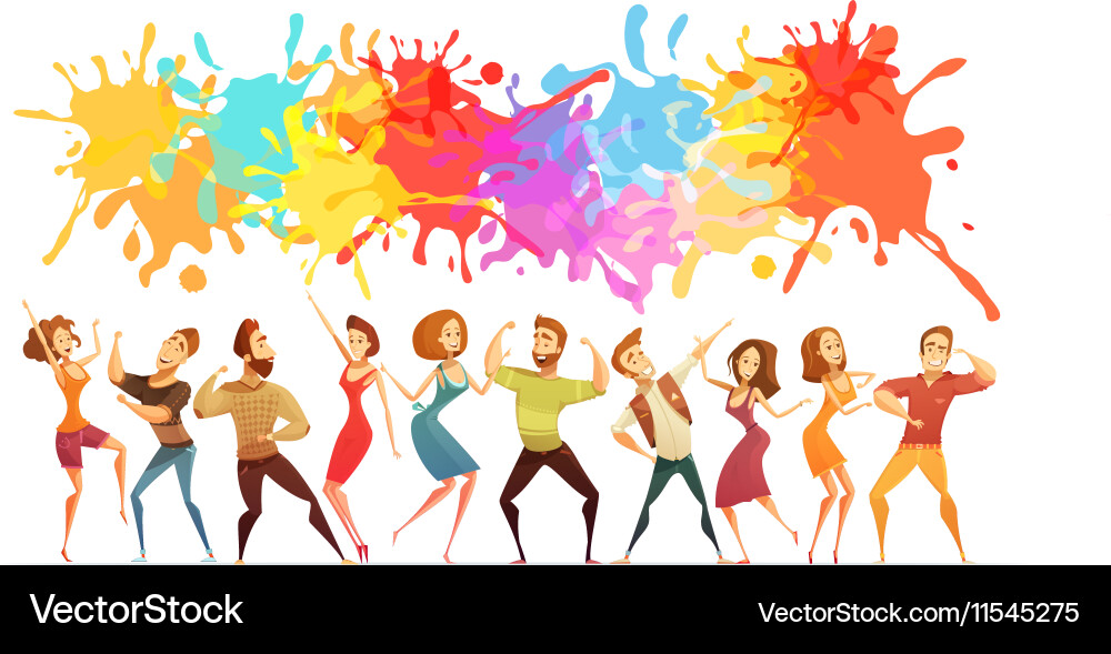 Dancing people banner colored cartoon Royalty Free Vector