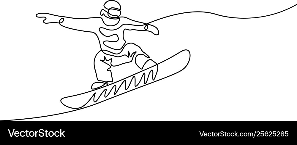 Continuous one line snowboarder jumps extreme and Vector Image
