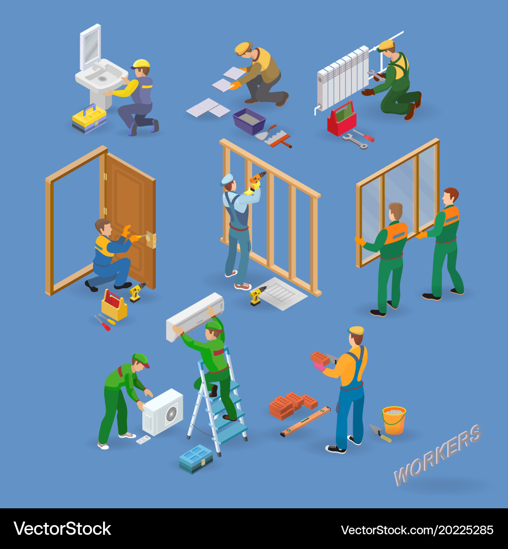 Home repair isometric icons set with workers Vector Image