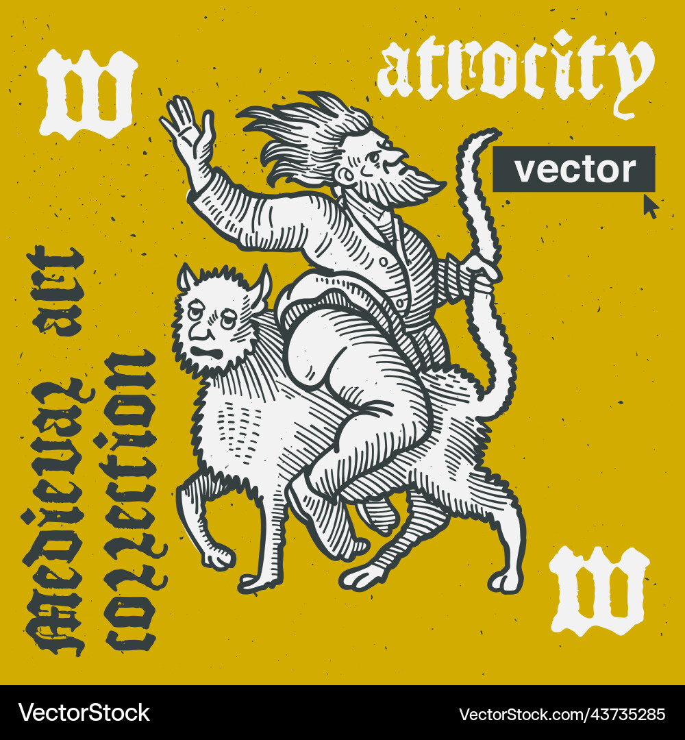 Sorcerer on the beast engraving style medieval Vector Image