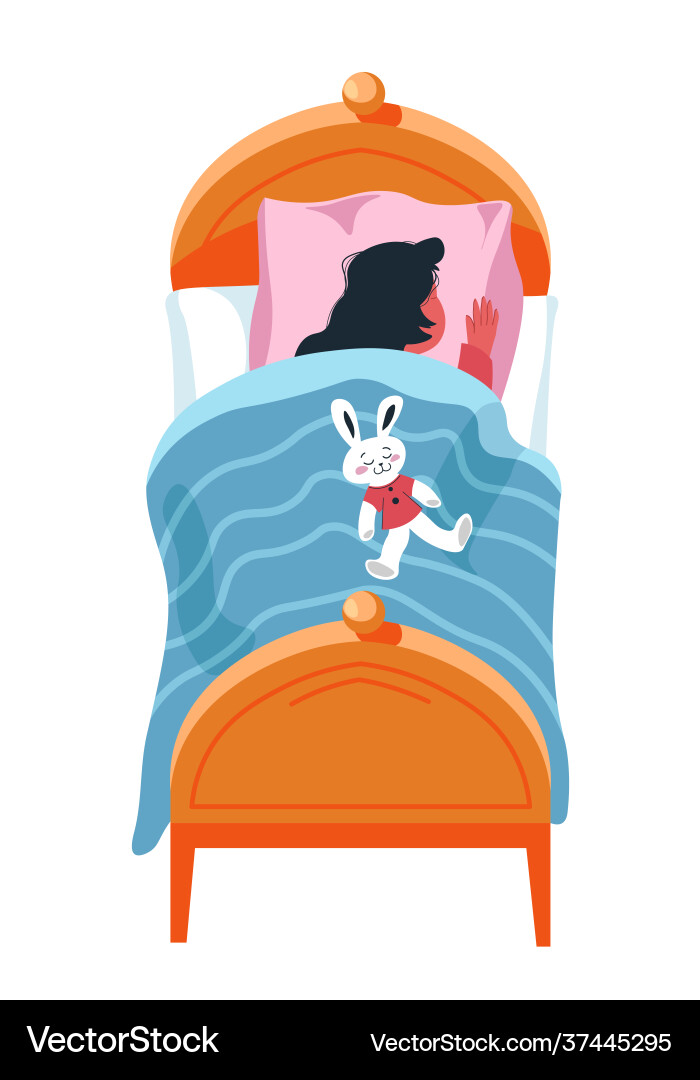 Small kid sleeping with plush rabbit toy in bed Vector Image