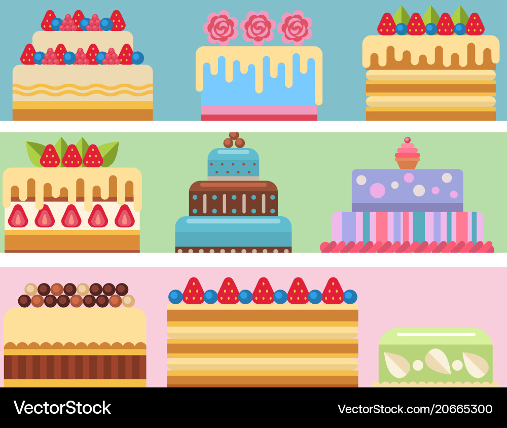 Wedding cake pie sweets cards dessert bakery flat Vector Image
