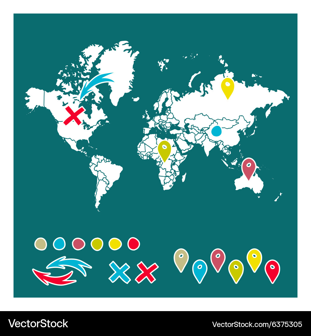 Hand drawn world map with pins and arrows Vector Image