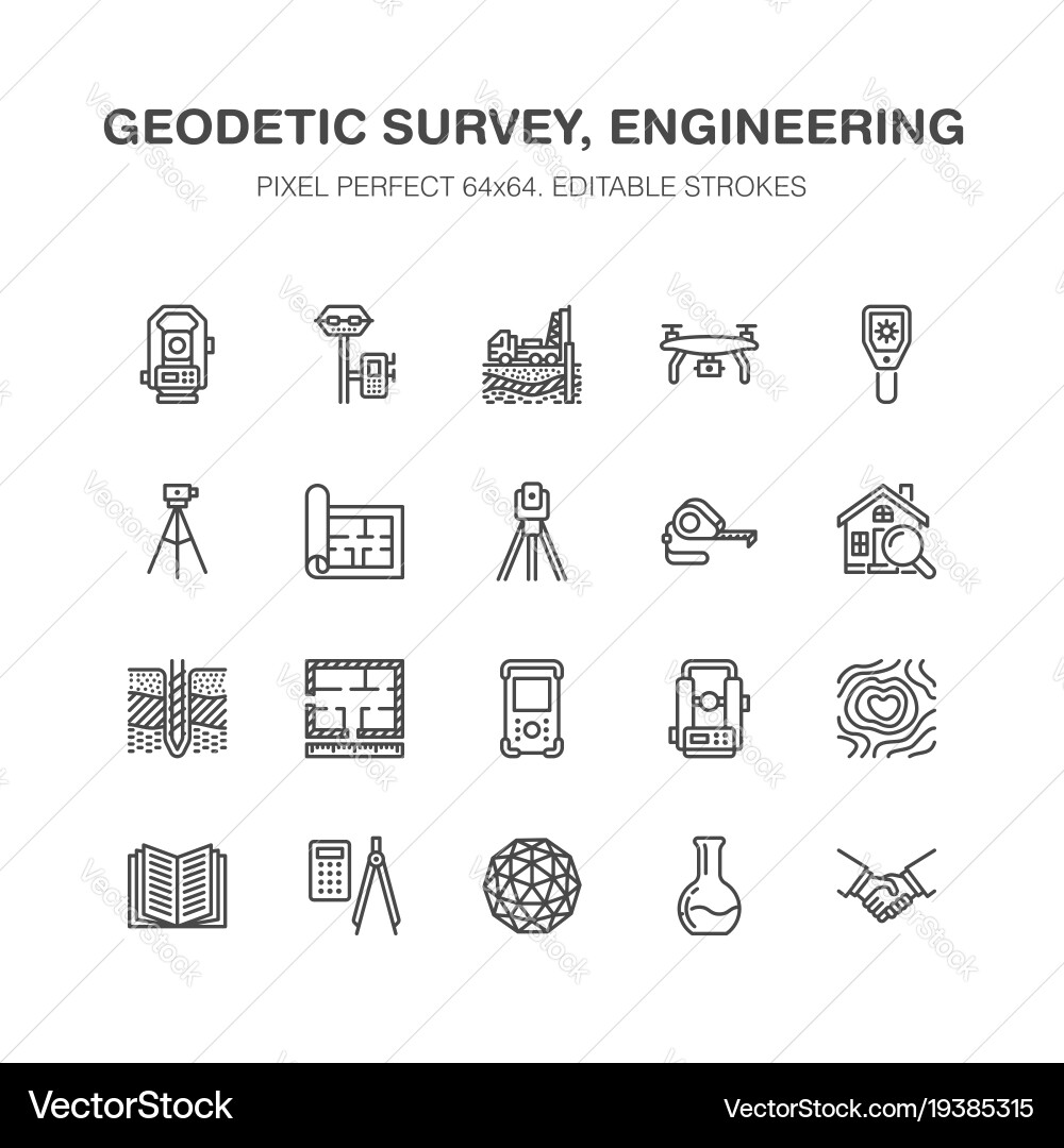 Geodetic survey engineering flat line icons Vector Image