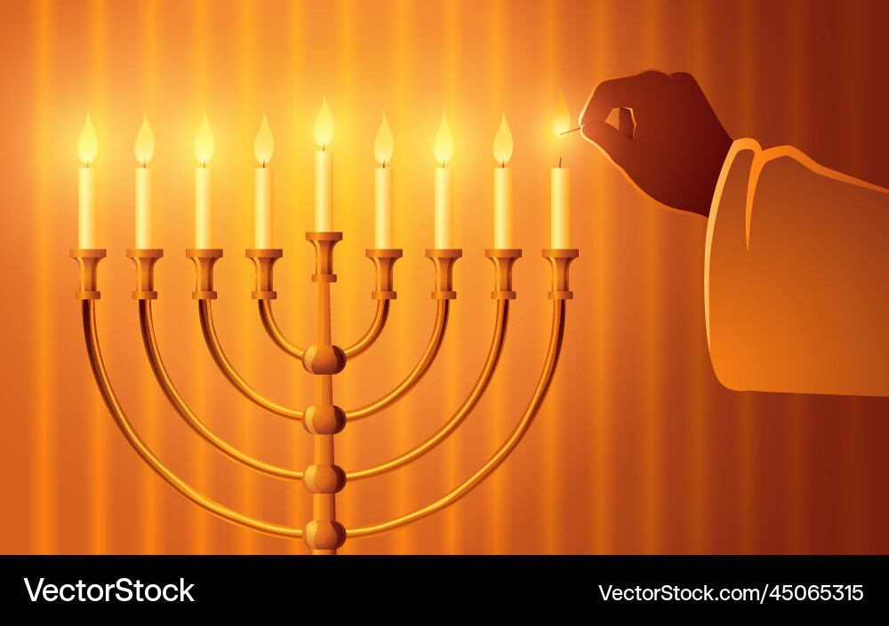 Hand igniting candles on the menorah Royalty Free Vector
