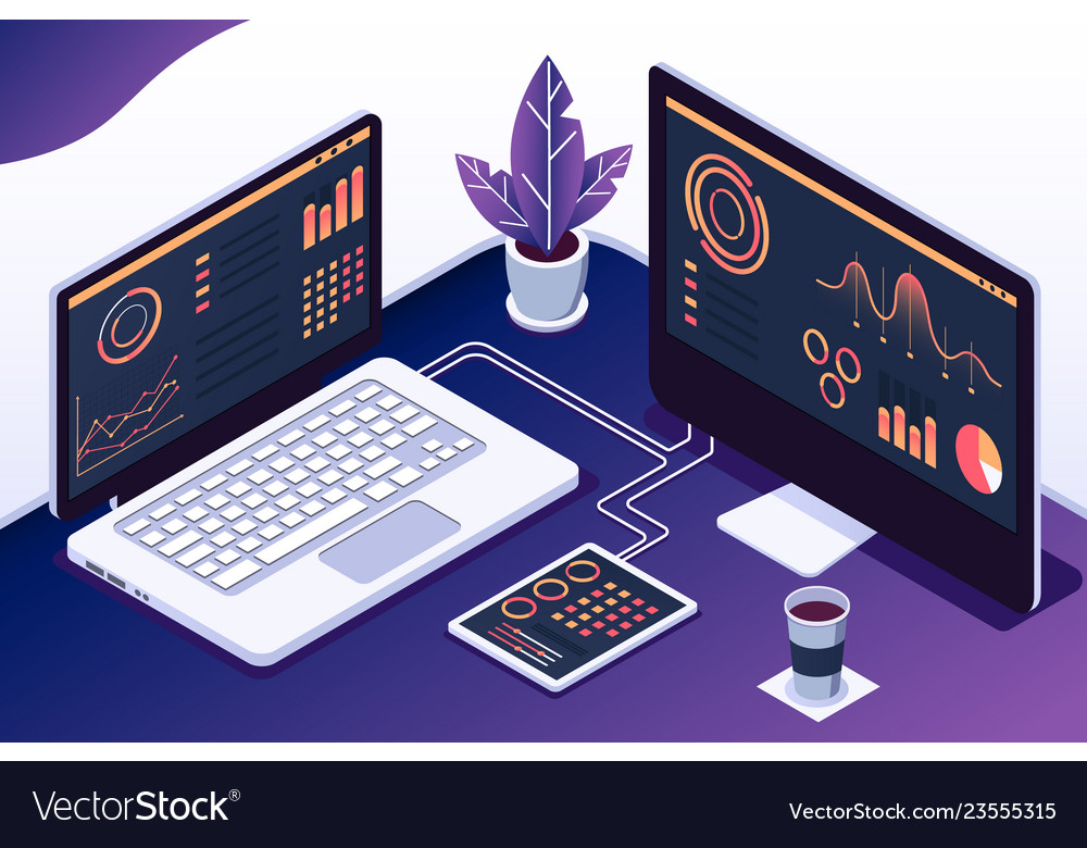 Isometric 3d computers with statistics graphs and Vector Image