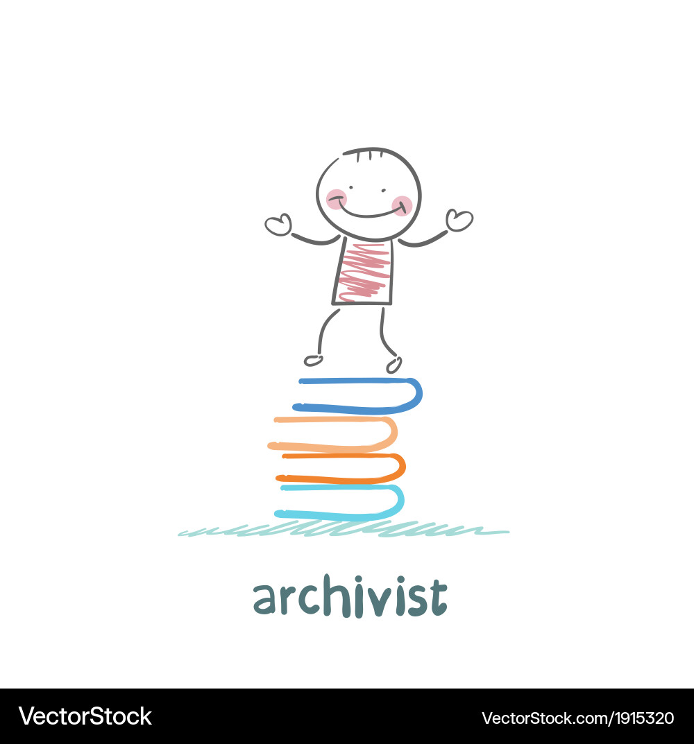 Archivist stands on a pile books Royalty Free Vector Image