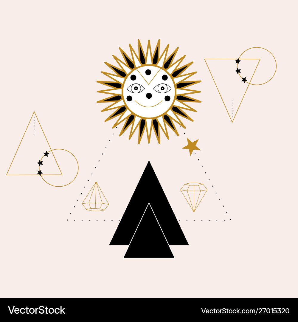 Black and gold geometric elements and cute sun Vector Image