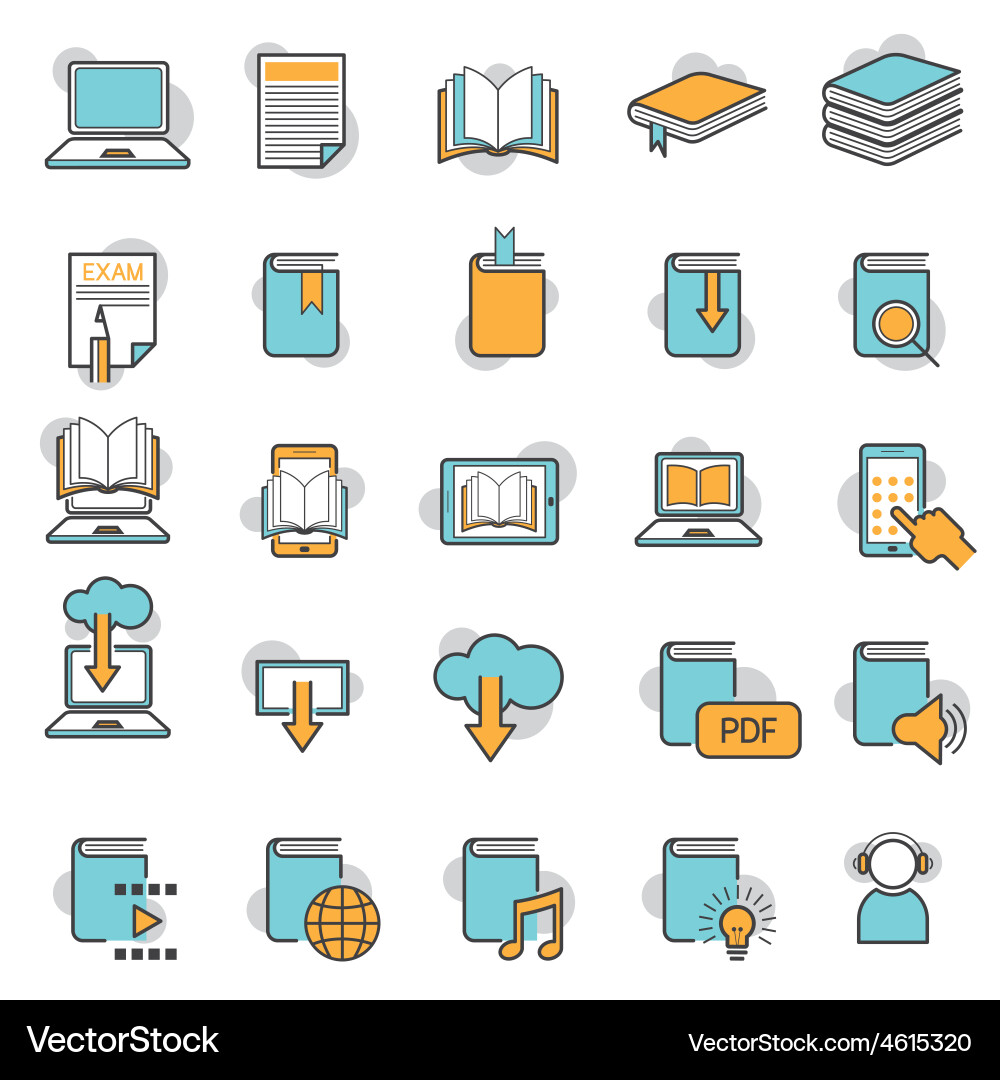 School online e-learning e-book book line icons Vector Image