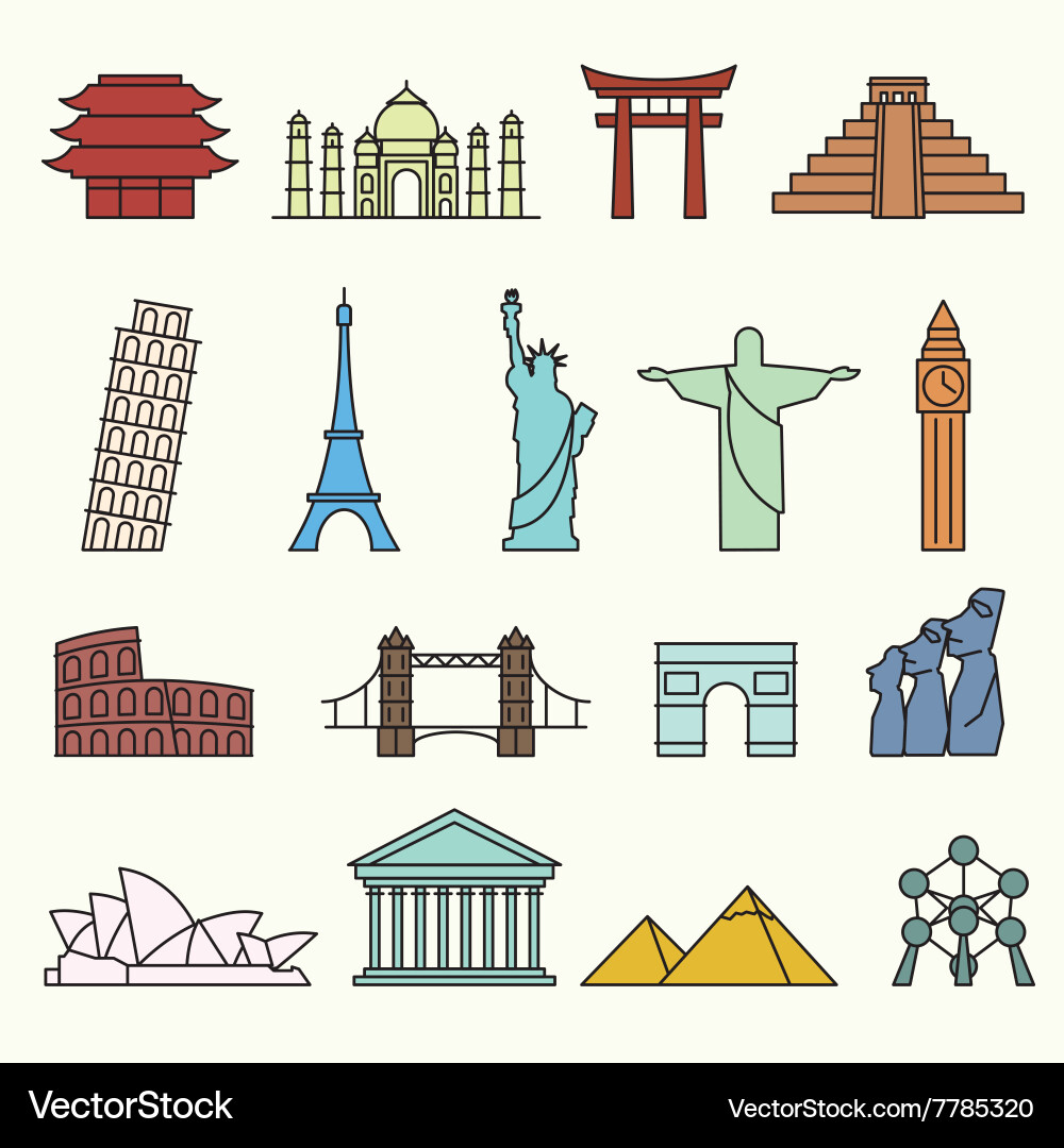 World landmarks outline icons abstract set Vector Image