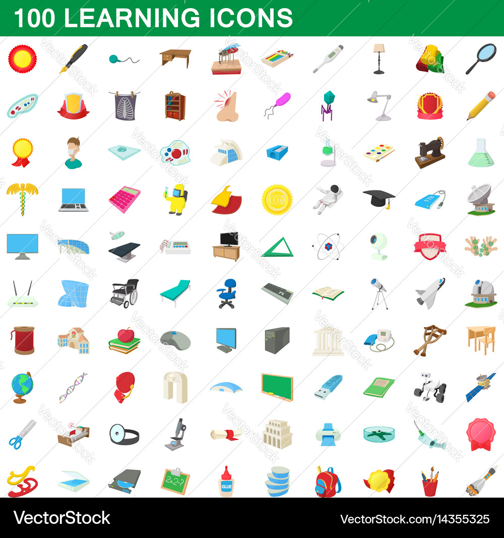 100 learning icons set cartoon style Royalty Free Vector