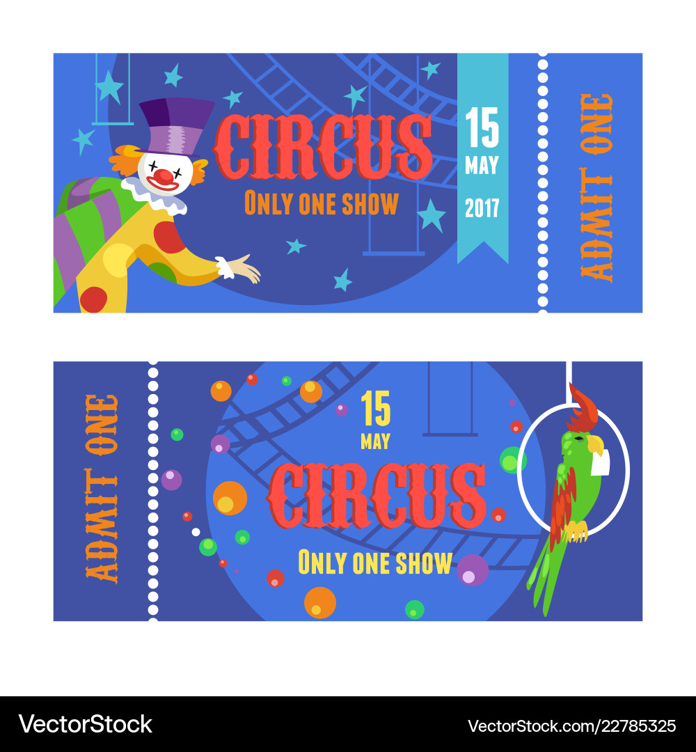Circus ticket with clown and parrot set Royalty Free Vector