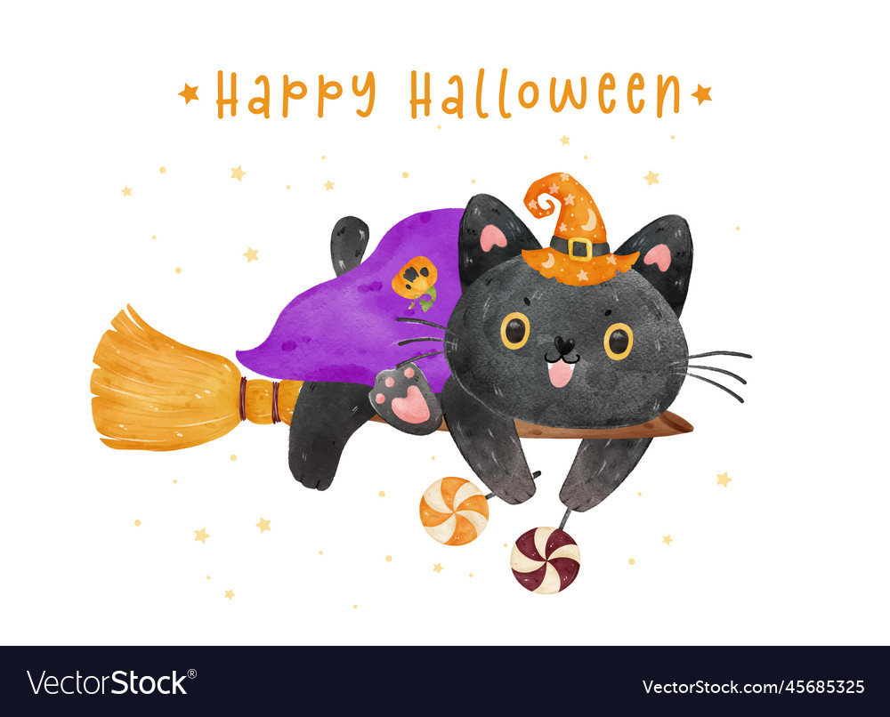 Cute halloween black cat wear witch hat on flying Vector Image