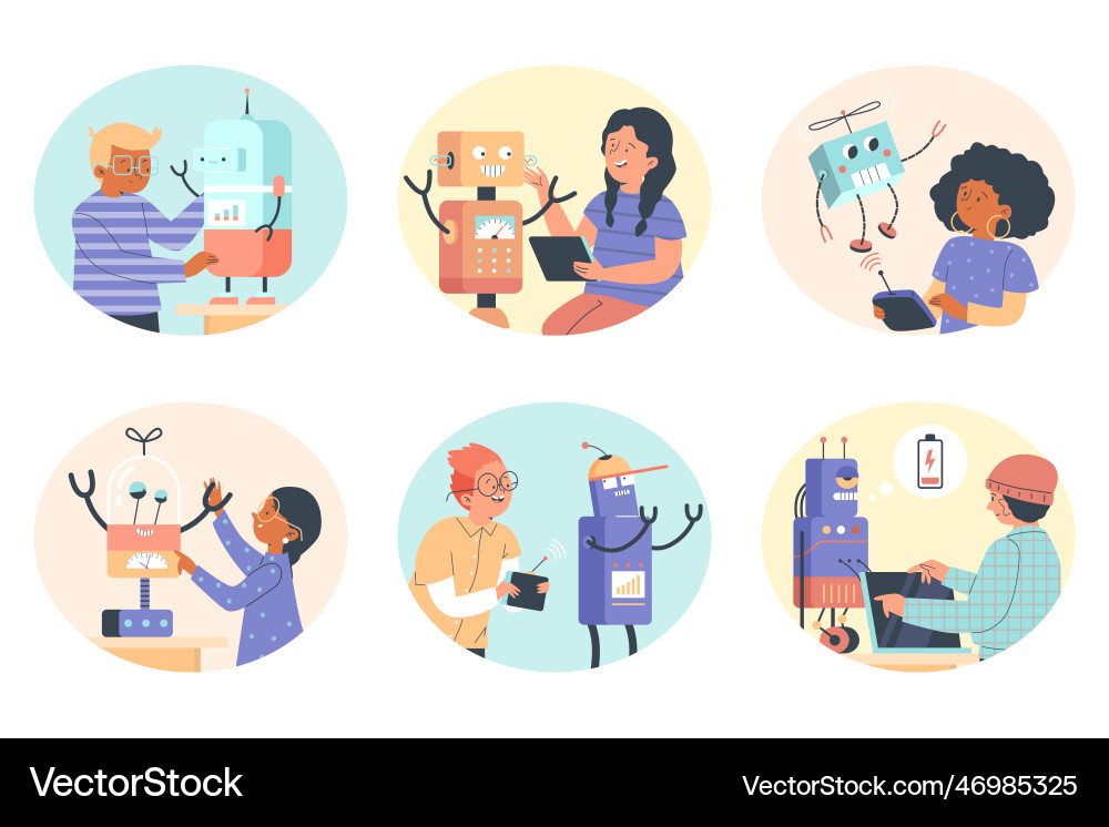 Stickers or banners with children learn robotics Vector Image