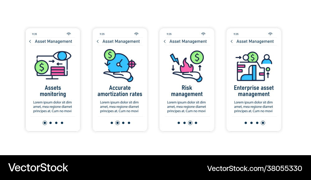 Asset management onboarding mobile app screens Vector Image