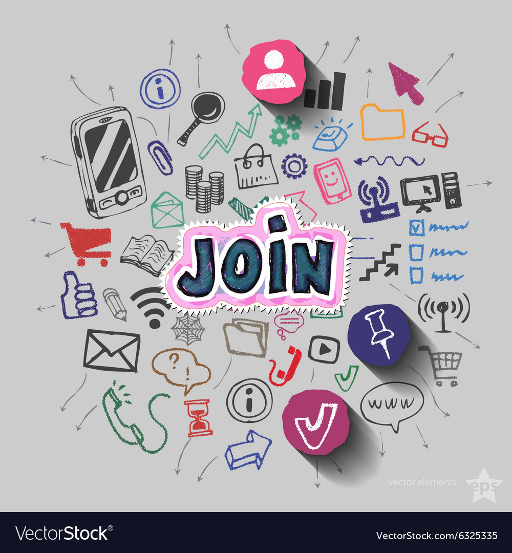 Join sign and collage with web icons background Vector Image