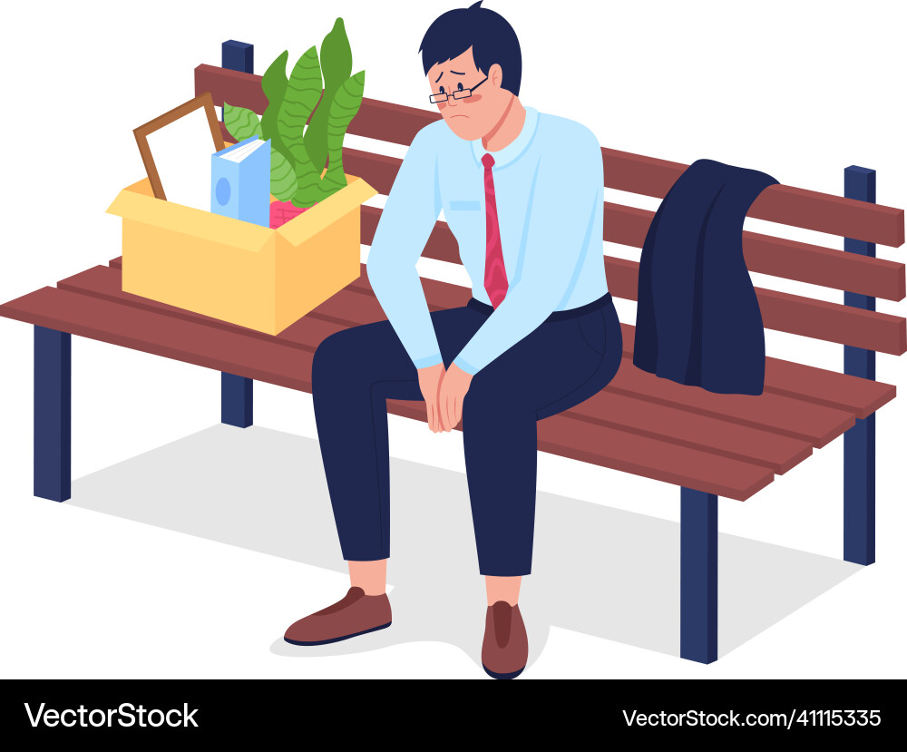 Sad fired employee sitting on bench flat color Vector Image